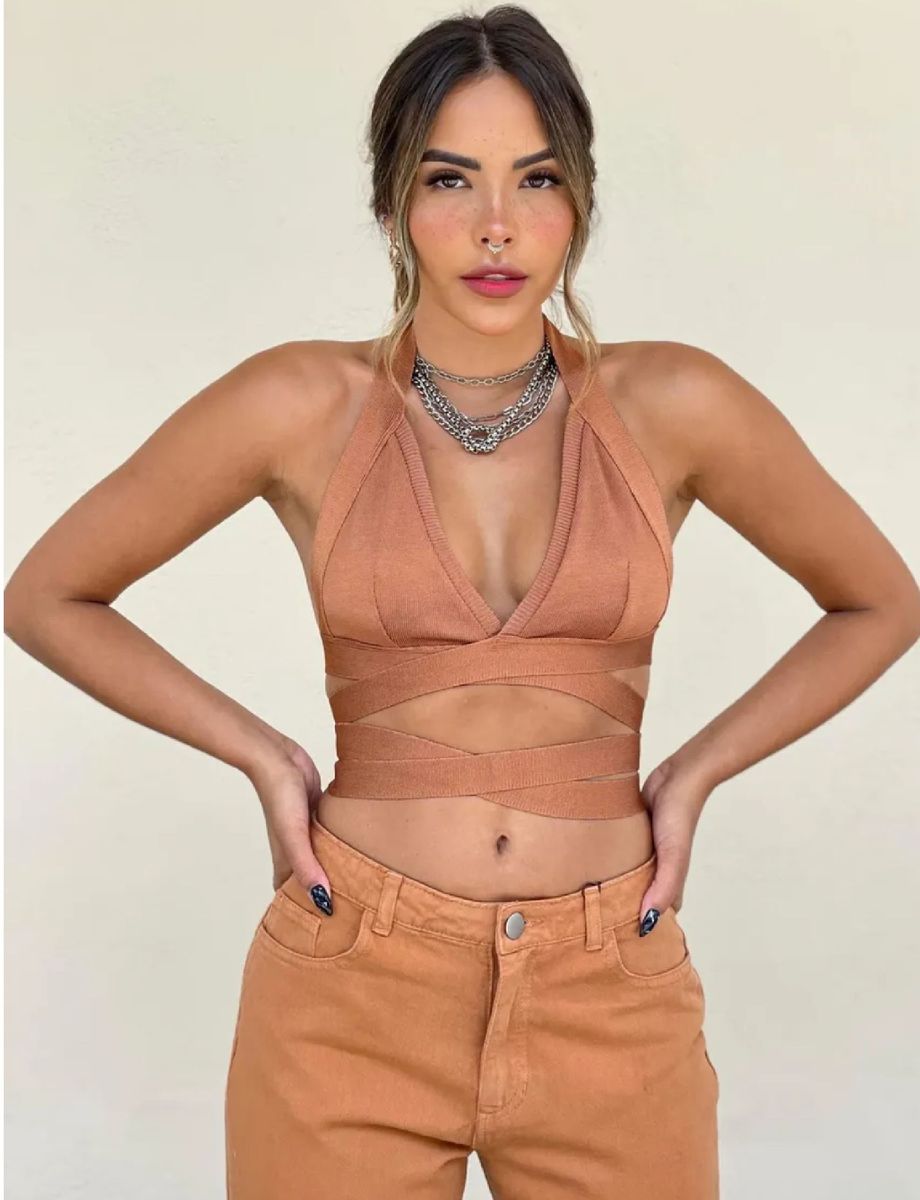 Top Tricot Cruzado Caramelo M | Blusa Feminina Sisters Atelie Nunca Usado 68419223 | enjoei