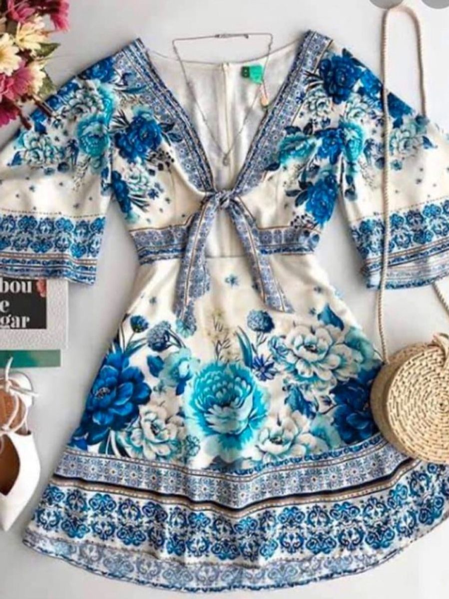 Vestido Farm Chita Azul Azulejo | Vestido Feminino Farm Usado 48378622 ...