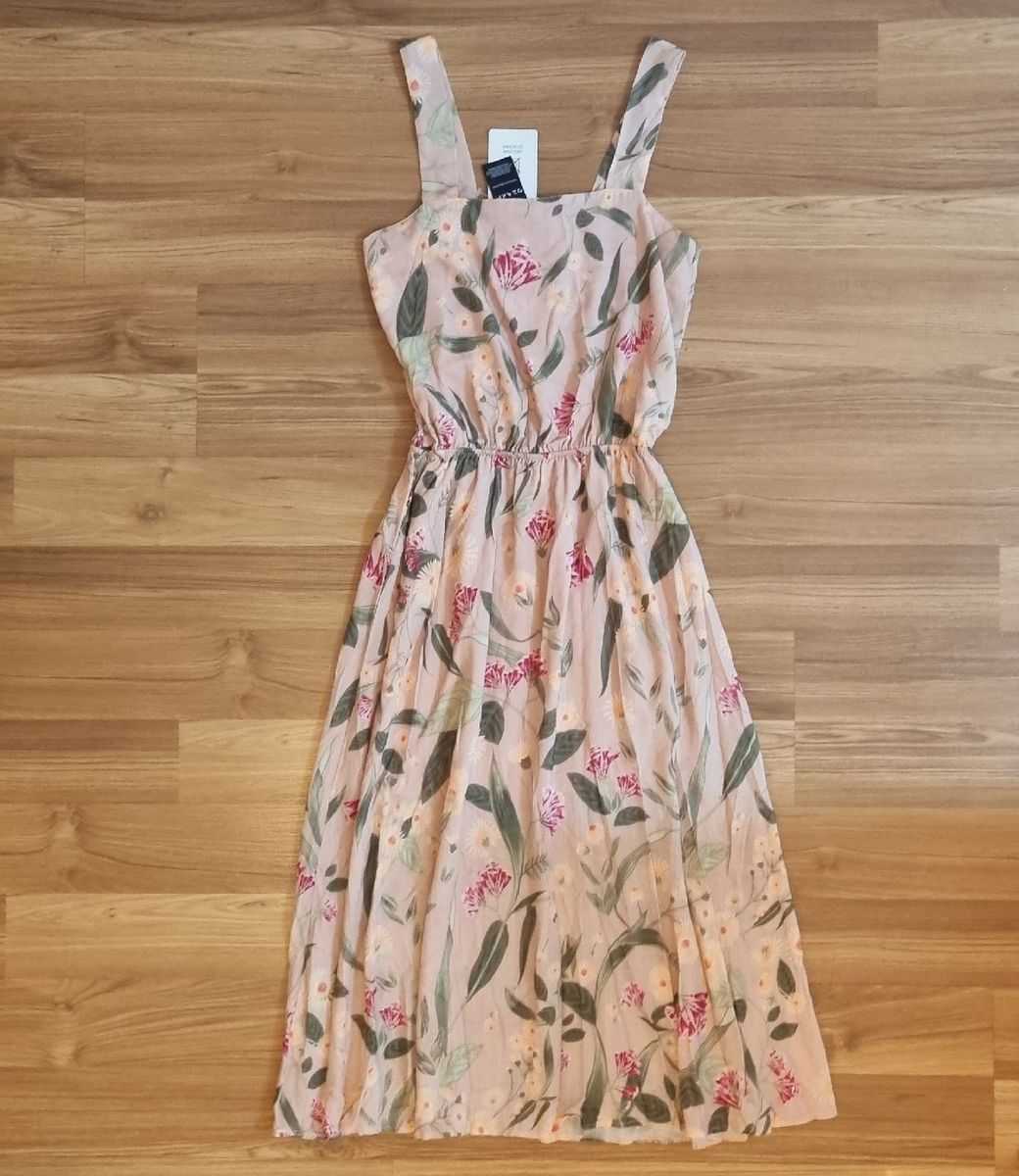 Vestido Midi Romântico Linho Florido Rosa e Verde Dzarm | Vestido ...