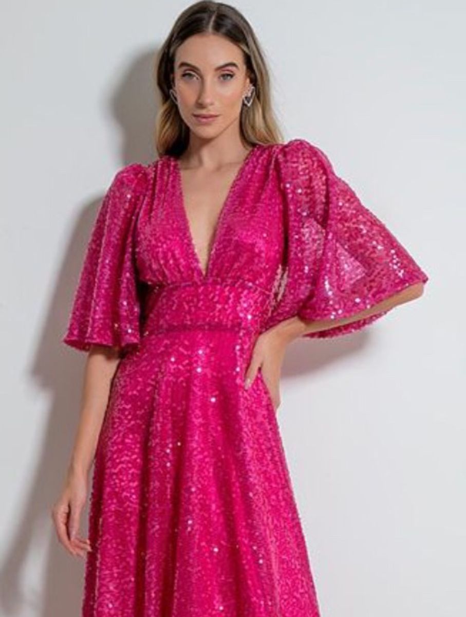 Vestido Paetê Longo Ave Rara | Vestido Feminino Pink Nunca Usado 80157965 | enjoei