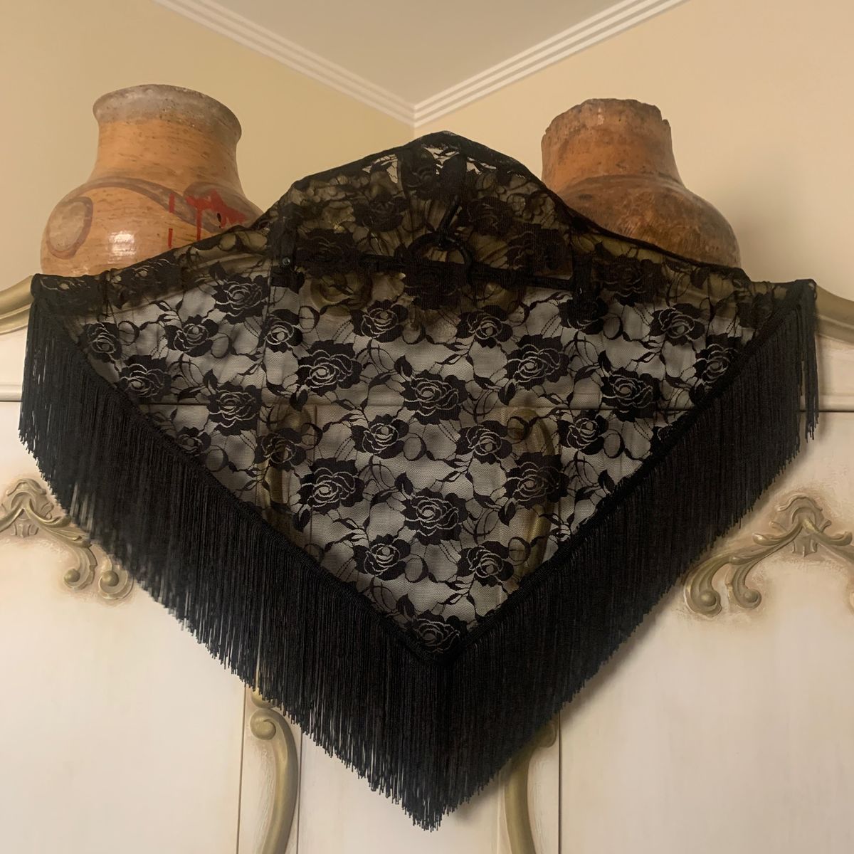 Xale Triangular Renda Preta com Franjas | Lenço Feminino Nunca Usado ...